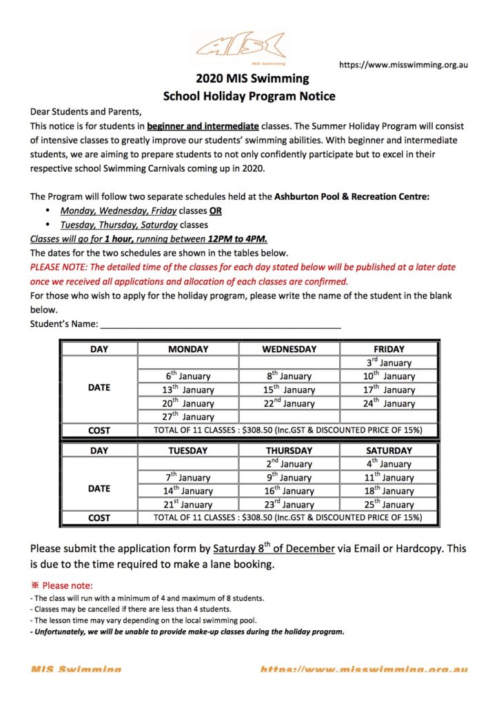 2020 MIS Swimming School Holiday Program Notices – MIS Swimming Club
